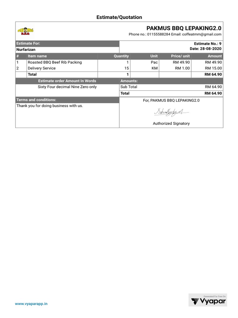 Pakmus BBQ Lepaking2.0: Estimate/Quotation | PDF