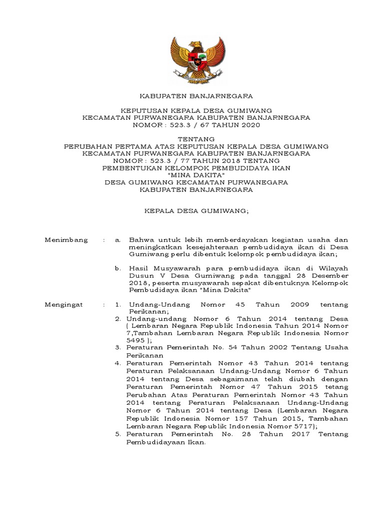 SK Perubahan Kelompok Pembudidaya Ikan Mina Dakita 2018 - 2020 | PDF