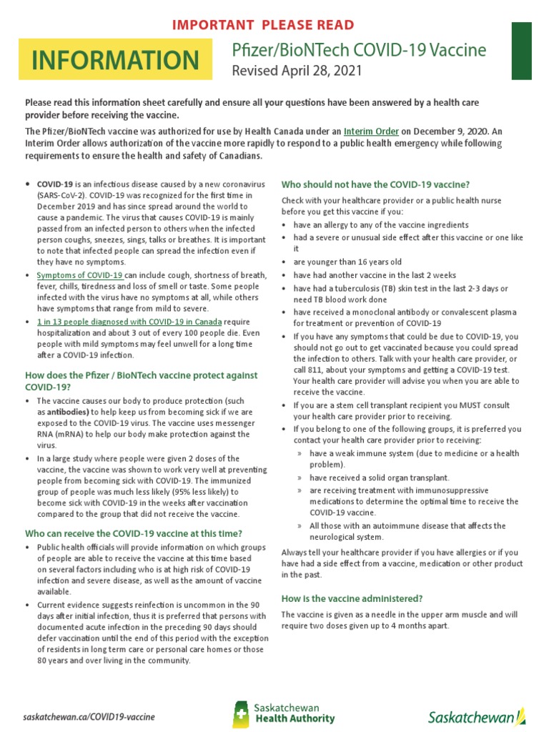 Pfizer Biontech Information Sheet 2020-12-30 | PDF | Infection ...