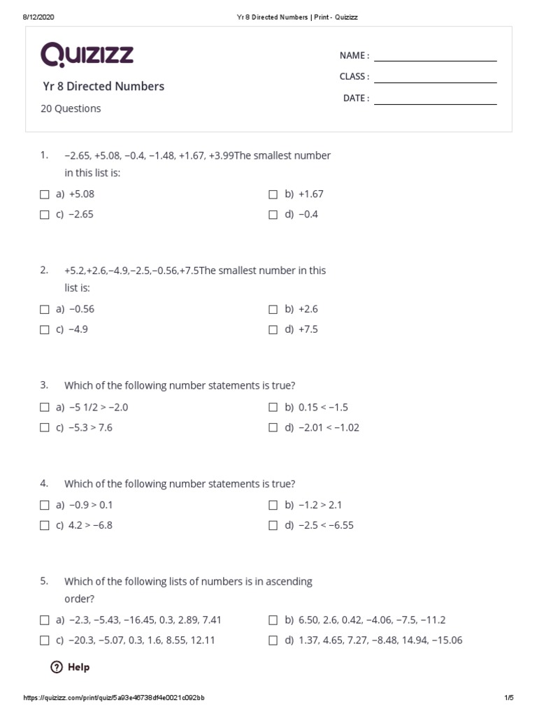 Yr 8 Directed Numbers - Print - Quizizz | PDF | Applied Mathematics ...