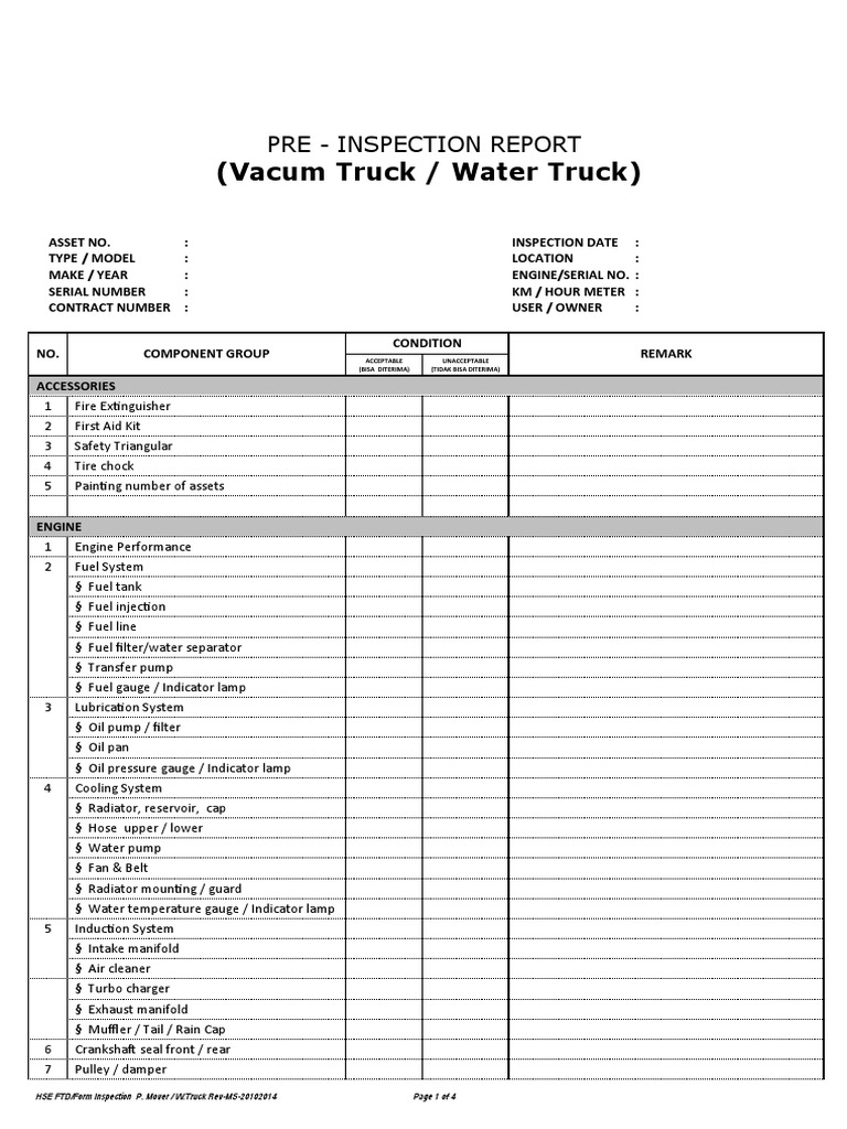 INSPECTION REPORT EQUIPMENT Vacum, W Truck 1 Rev.3 | PDF | Steering | Axle