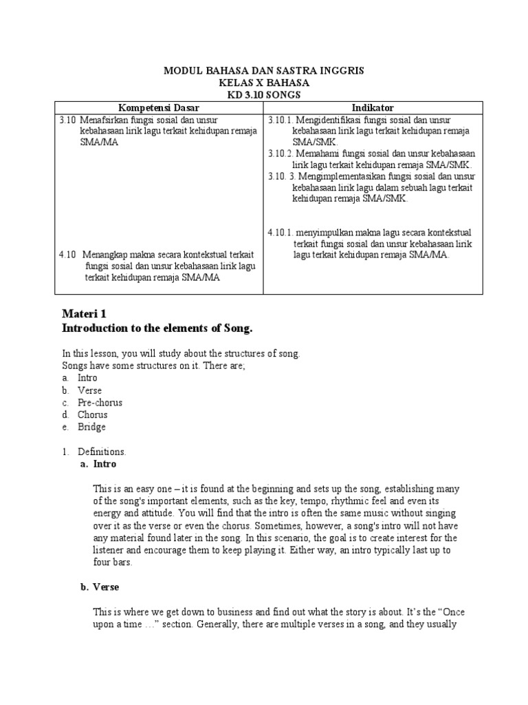 Modul Bahasa Dan Sastra Inggris Xi BHS | PDF | Song Structure