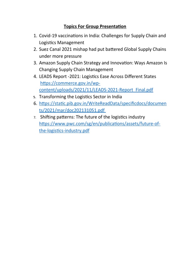 Topics For Presentation Supply Chain and Logistics Management | PDF