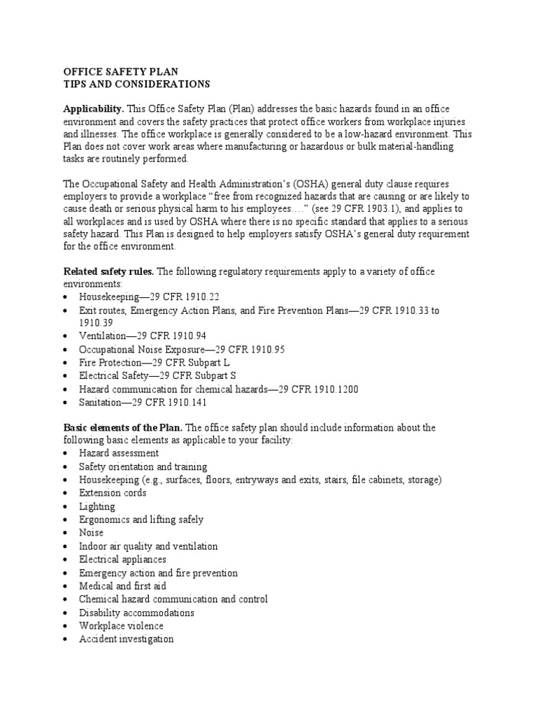 Office Safety Plan | PDF | Occupational Safety And Health ...