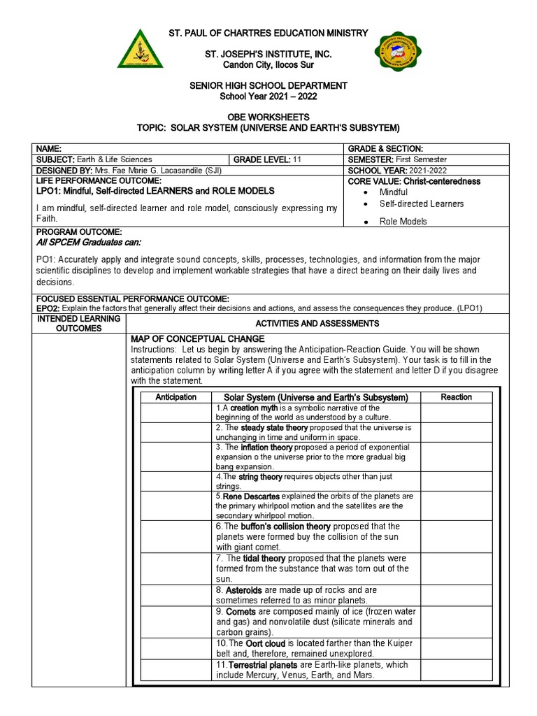 Earth and Solar System Worksheets | PDF | Atmosphere | Earth