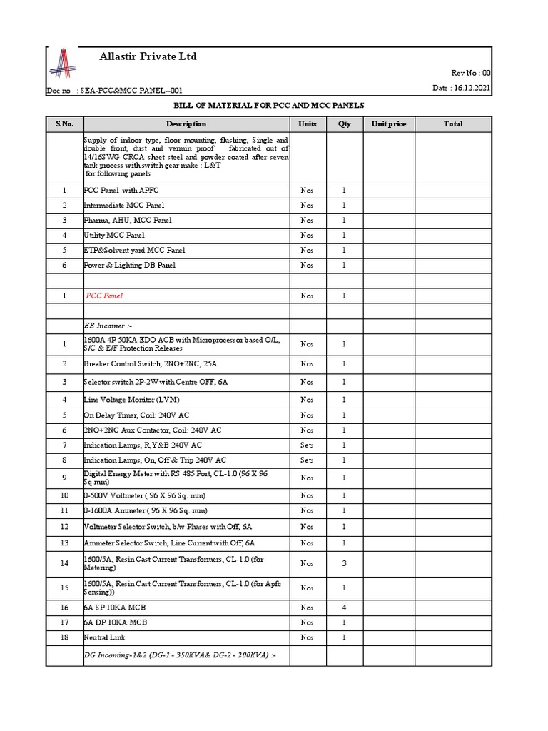 Bill of Material For Panels - Apl - New | PDF | Mains Electricity ...