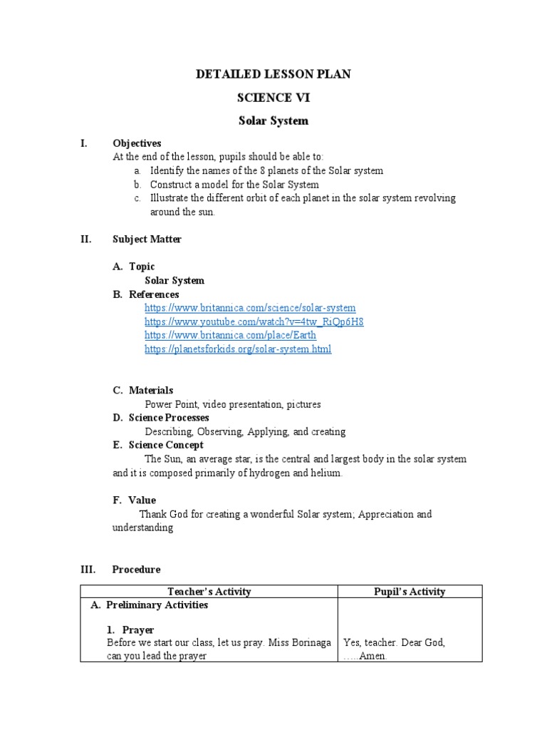 5 DETAILED LESSON PLAN Solar System | PDF | Planets | Solar System