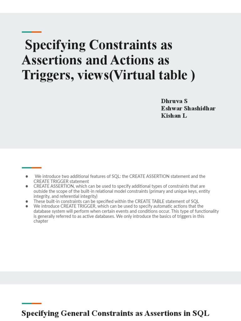 Specifying Constraints As Assertions And Actions As Triggers Views Virtual Table Pdf Sql
