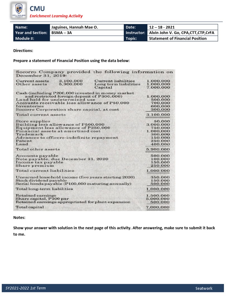 Statement of Financial Position Activity | PDF | Balance Sheet ...