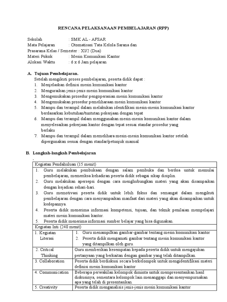 RPP KD 6 OTK SARPRAS KELAS XI SMK SEMESTER GENAP TAHUN 2021 2022 Bank-Soal - Id-Dikonversi | PDF