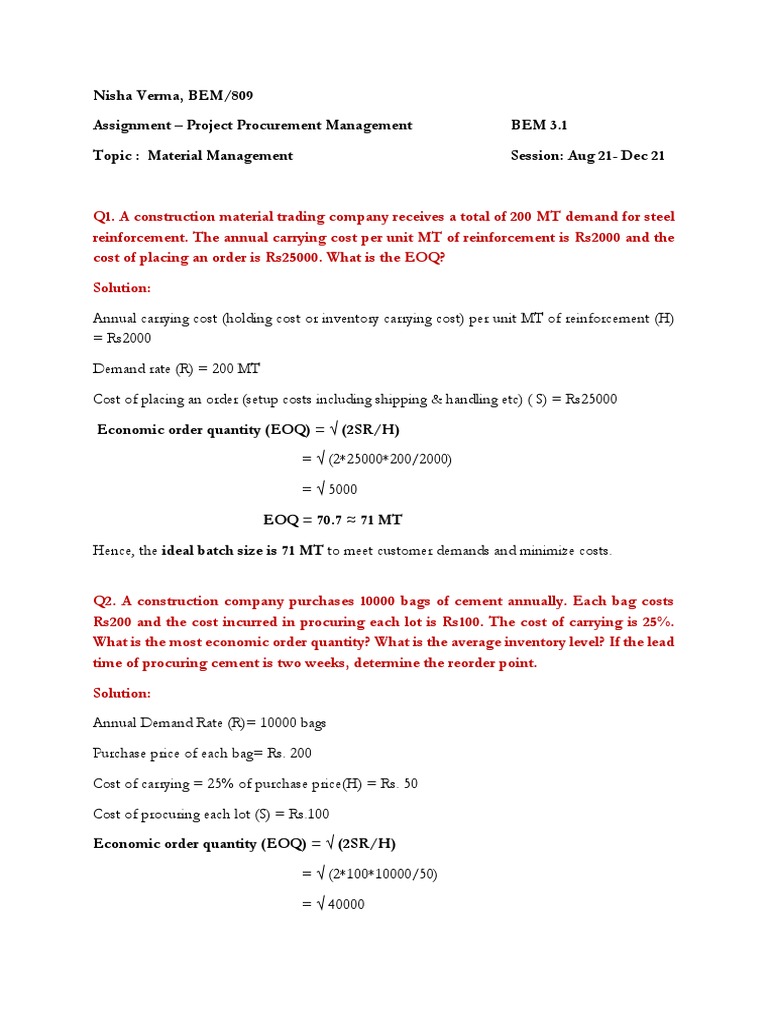 Nisha Verma, BEM/809 Assignment - Project Procurement Management BEM 3.1 Topic: Material ...