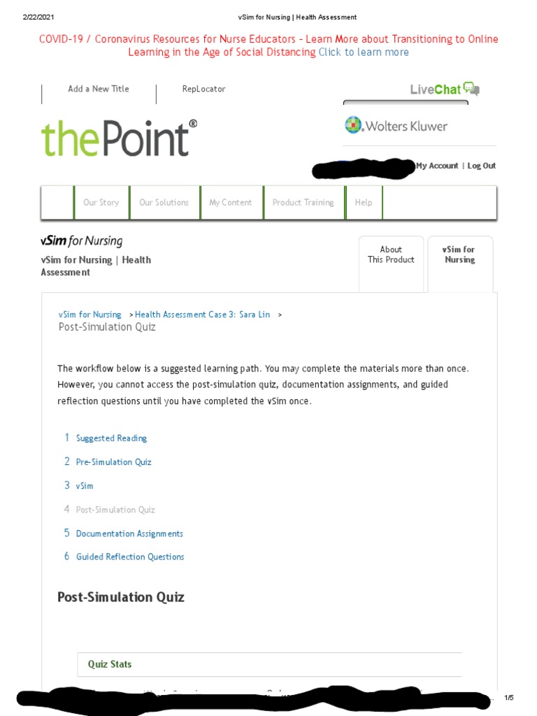 VSim SARAH LIN For Nursing - Health Assessment POST QUIZ | PDF | Pain ...