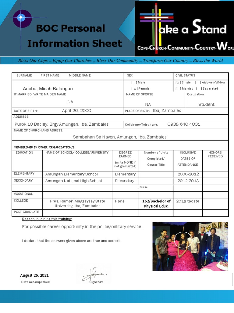BOCSL Pesonal Info Sheet Micah B Anoba | PDF | Students | Academia