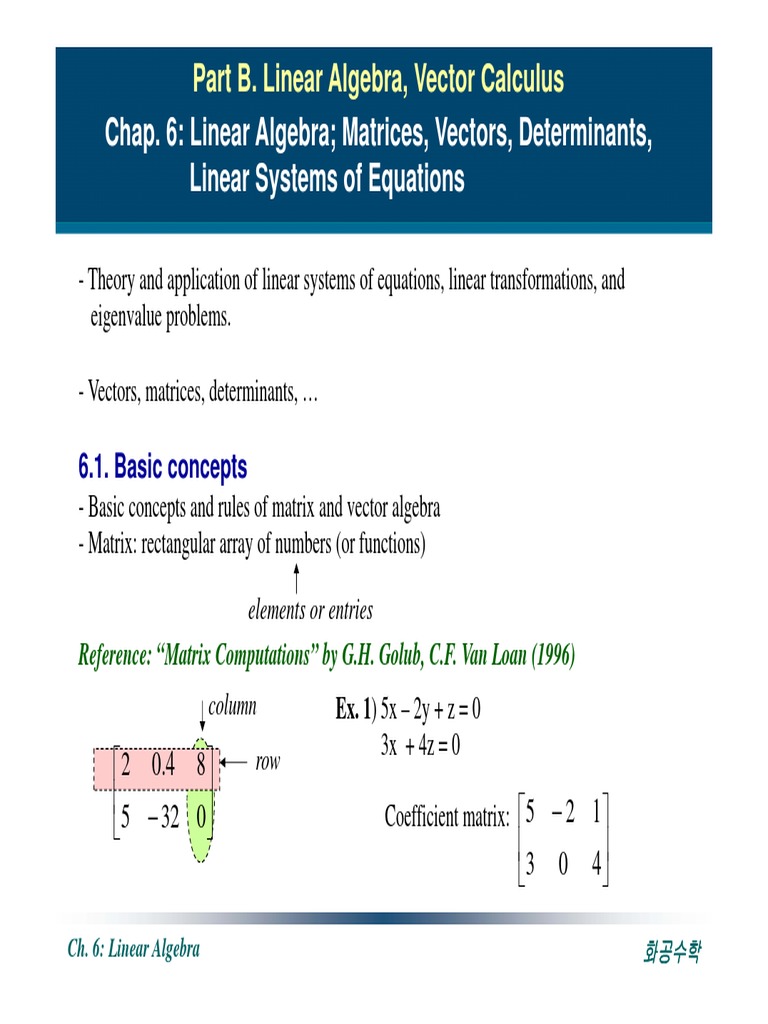 Chap. 6: Linear Algebra Matrices, Vectors, Determinants, Linear Systems ...