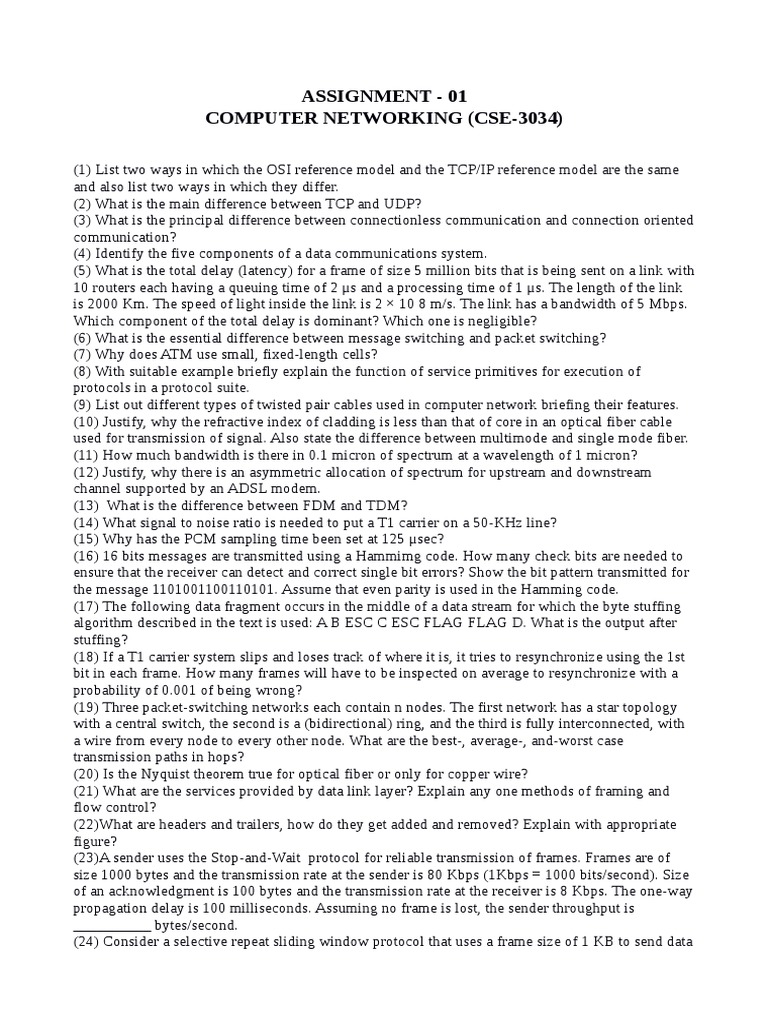 Assignment - 01 Computer Networking (Cse-3034) | PDF | Computer Network | Data Transmission