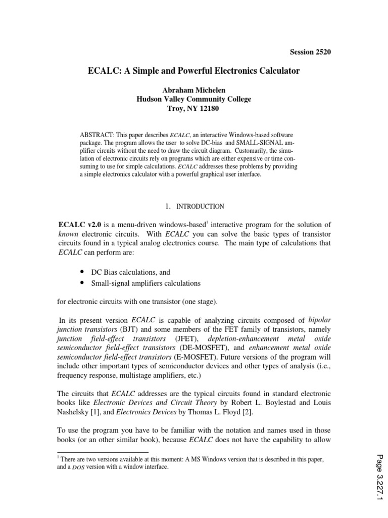 ECALC: Electronics Calculator Overview | PDF | Field Effect Transistor ...