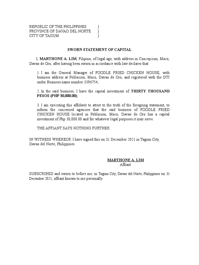 Sworn Statement of Capital LIM | PDF