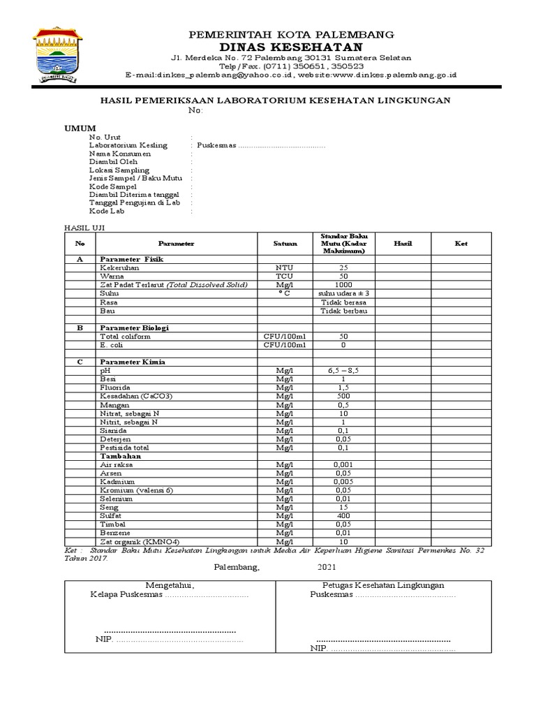 Form Hasil Pemeriksaan Laboratorium Sample Air IRTP | PDF