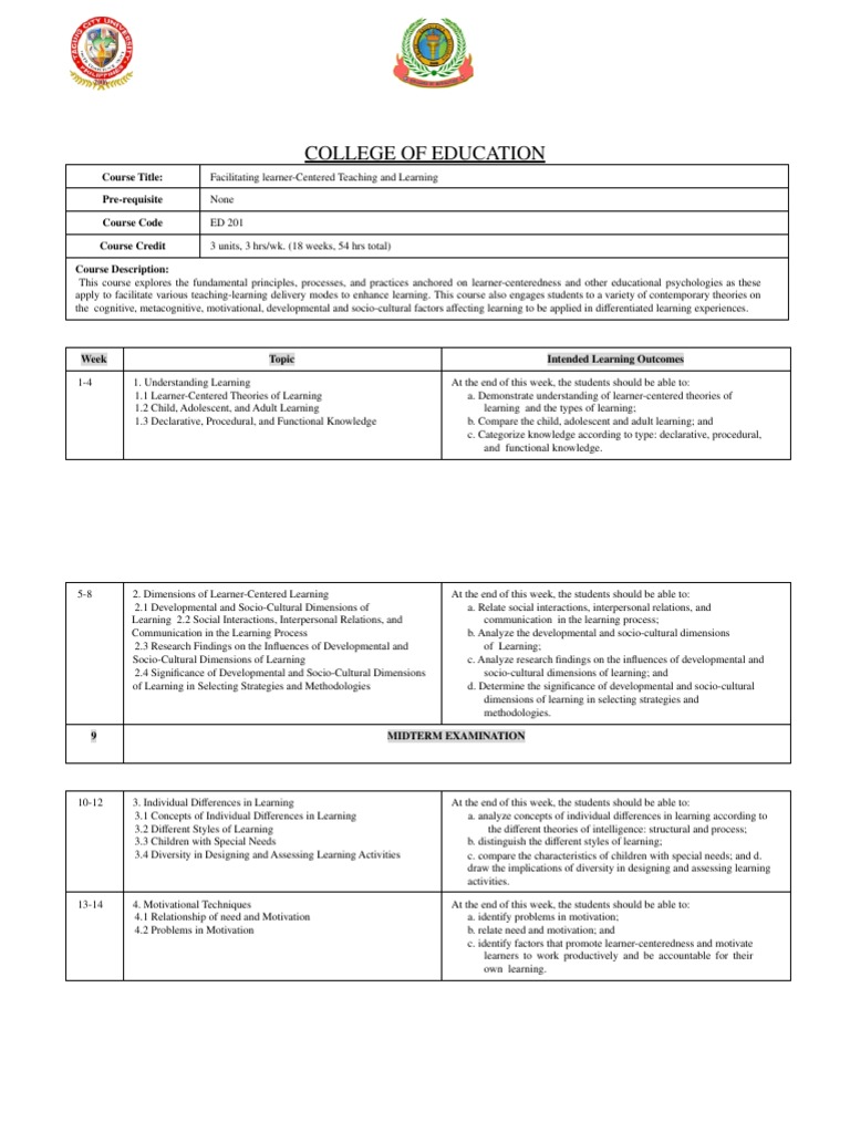 Course Outline - Facilitating Learner-Centered Teaching | PDF ...