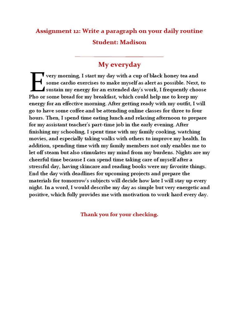 My Everyday: Assignment 12: Write A Paragraph On Your Daily Routine ...