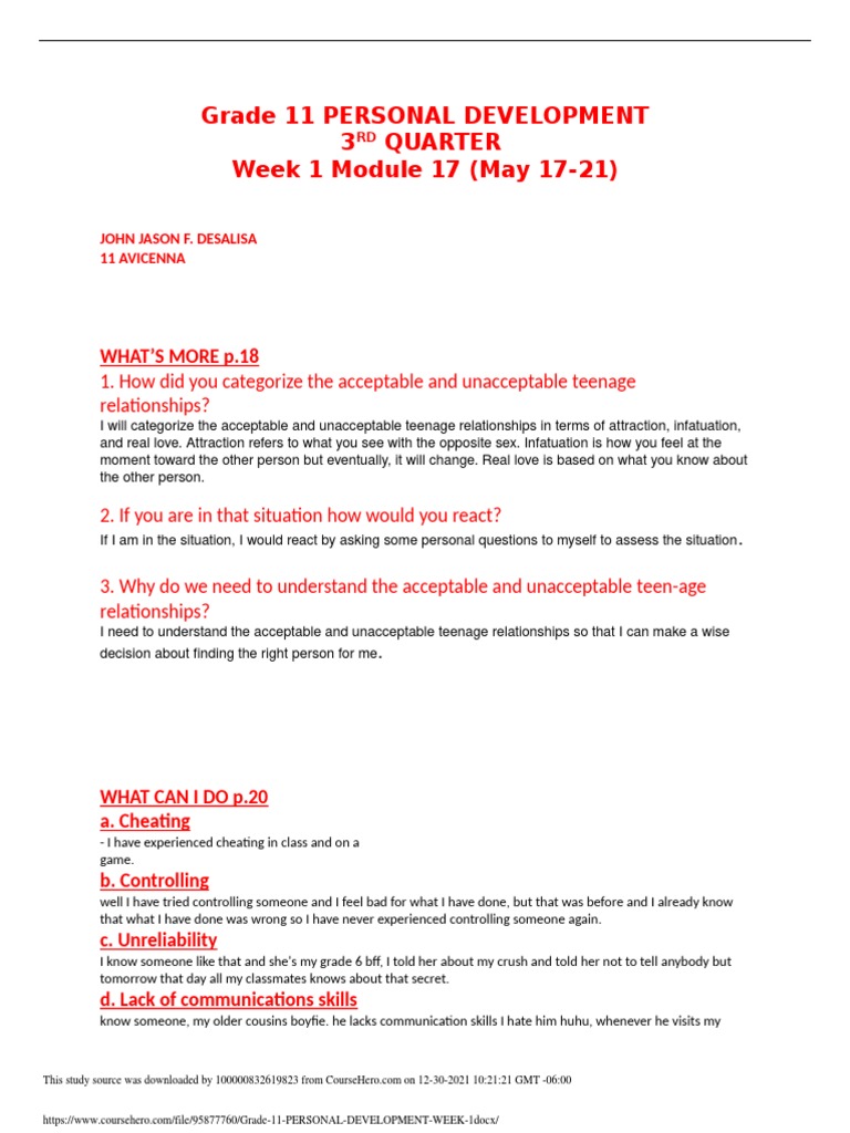 Grade 11 Personal Development 3 Quarter Week 1 Module 17 (May 17-21 ...