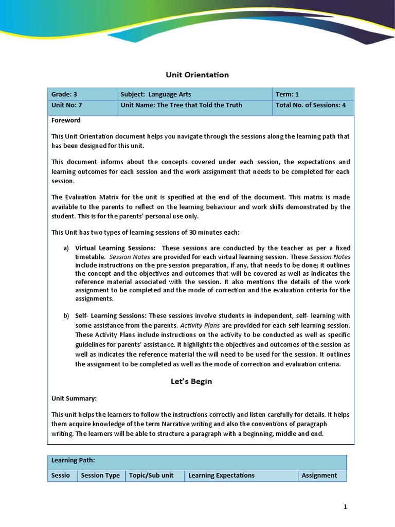 Unit Orientation: Grade: 3 Subject: Term: 1 | PDF | Learning | Paragraph