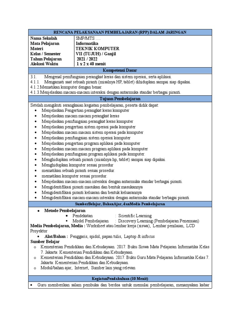RPP Informatika Kelas 7 Ganjil Genap | PDF