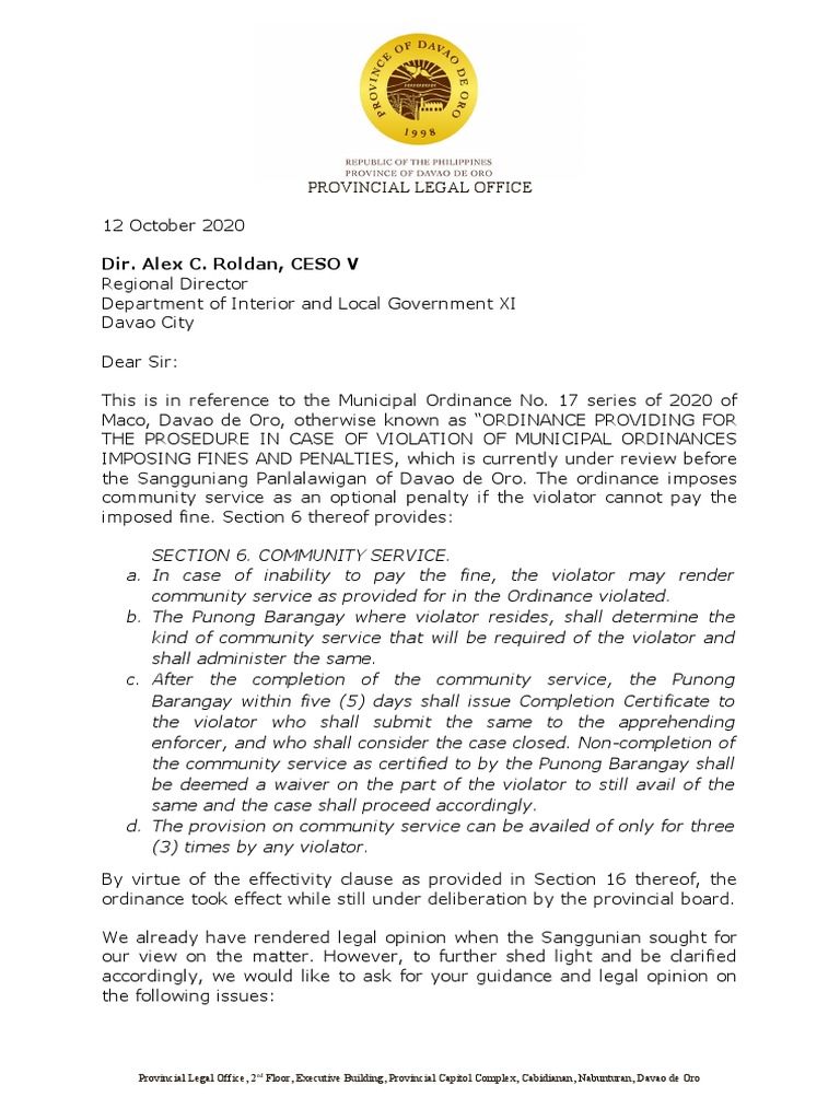 LETTER To DILG XI For Legal Opinion Edit 2 | PDF | Local Ordinance | Policy