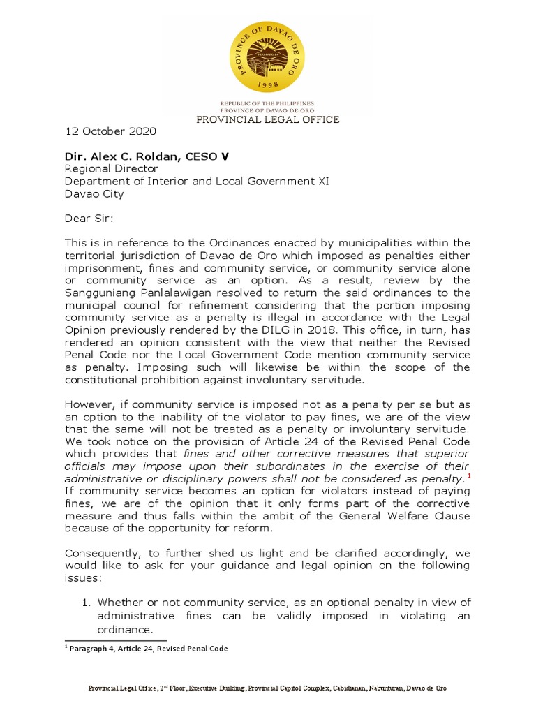 Legal Opinion Request on Community Service | PDF | Local Ordinance | Veto