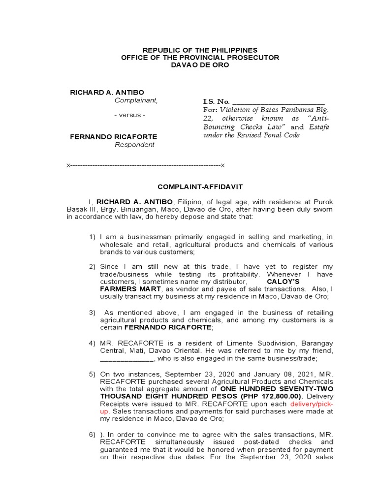 Complaint Affidavit For Estafa and Violation of BP22 - ANTIBO | PDF | Payments | Justice