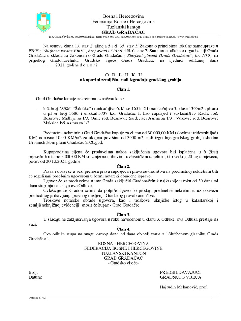 9 - Odluka o Kupovini Zemljišta Radi Izgradnje Gradskog Groblja | PDF