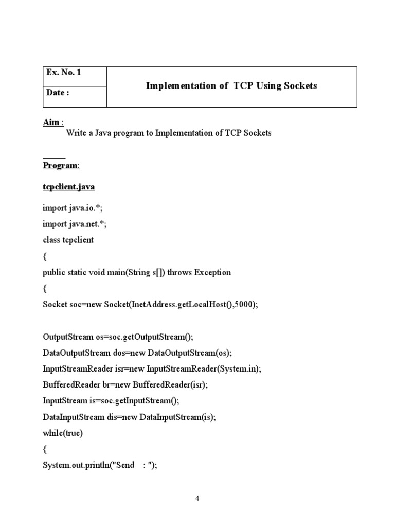 Implementation of TCP Using Sockets: Ex. No. 1 Date: Aim | PDF | Financial Transaction | Data