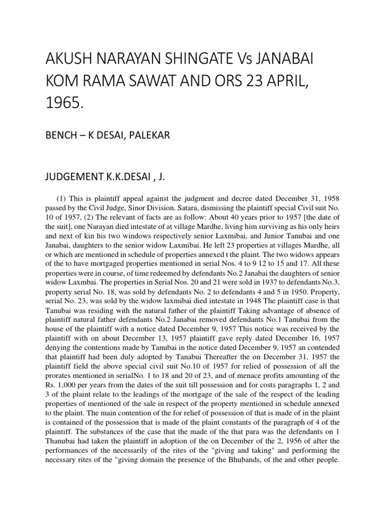 AKUSH NARAYAN SHINGATE Vs JANABAI KOM RAMA SAWAT AND ORS 23 APRIL | PDF | Lawsuit | Common Law