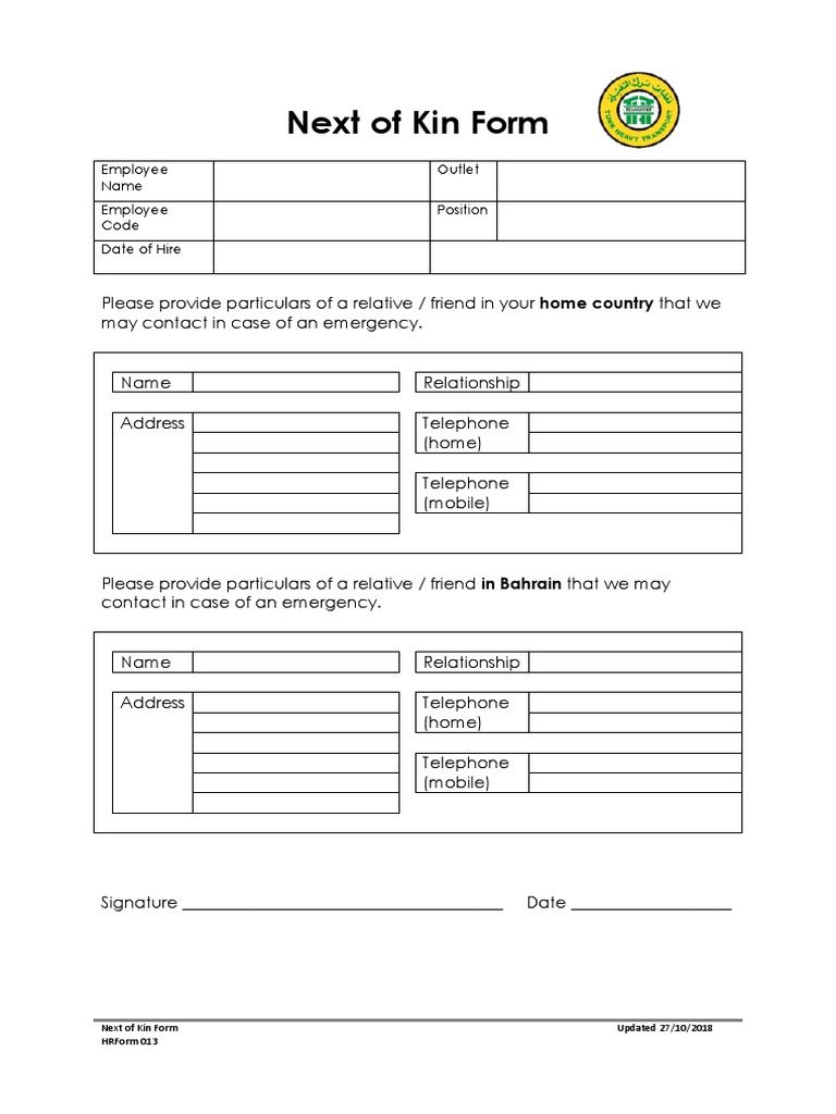 THT Next of Kin Form | PDF