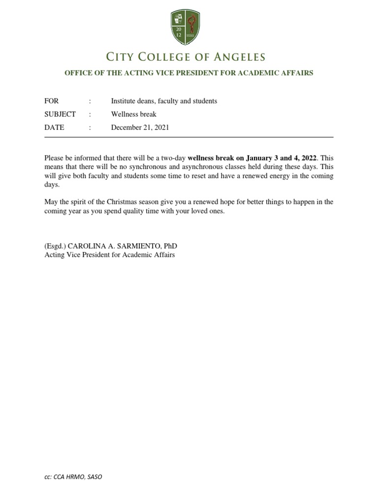 Wellness Break Memo Dec 21 2021 | PDF