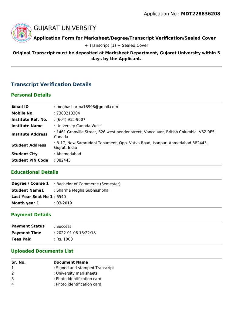 Gujarat University: Transcript Verification Details | PDF