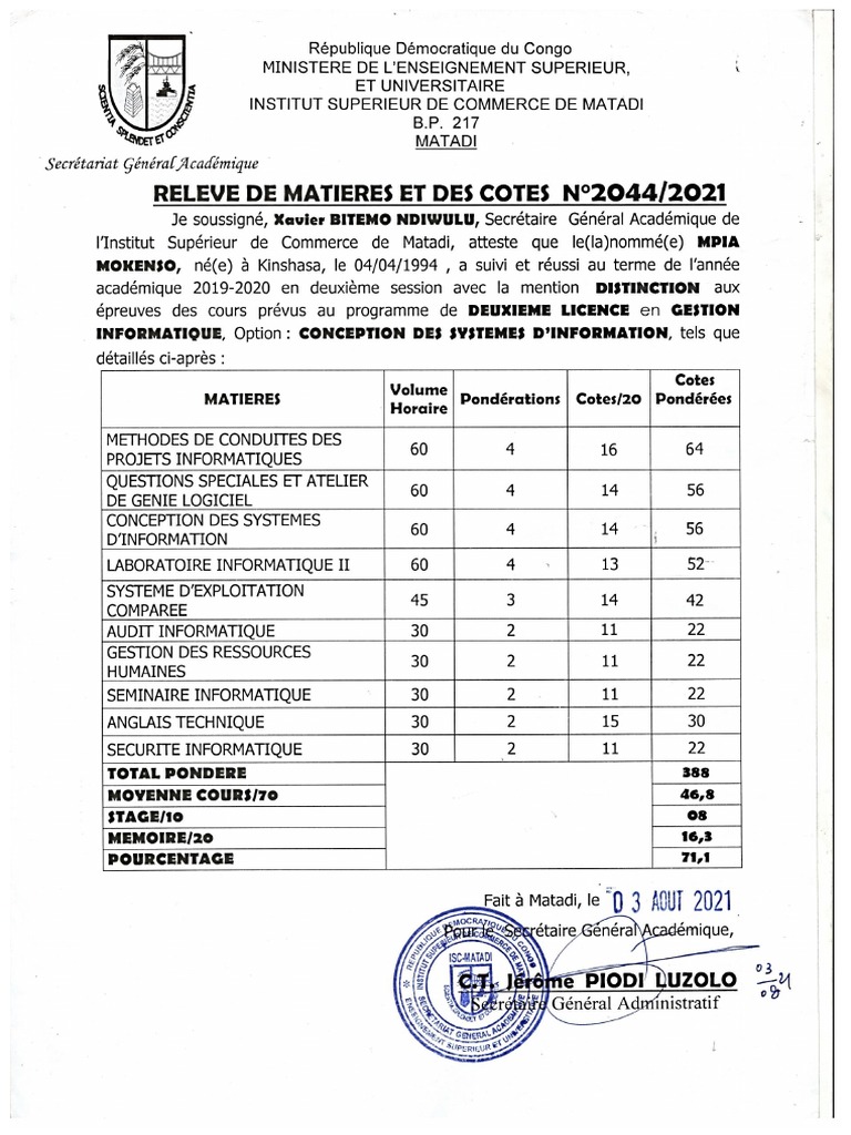 Relevé de Cotes L2 | PDF