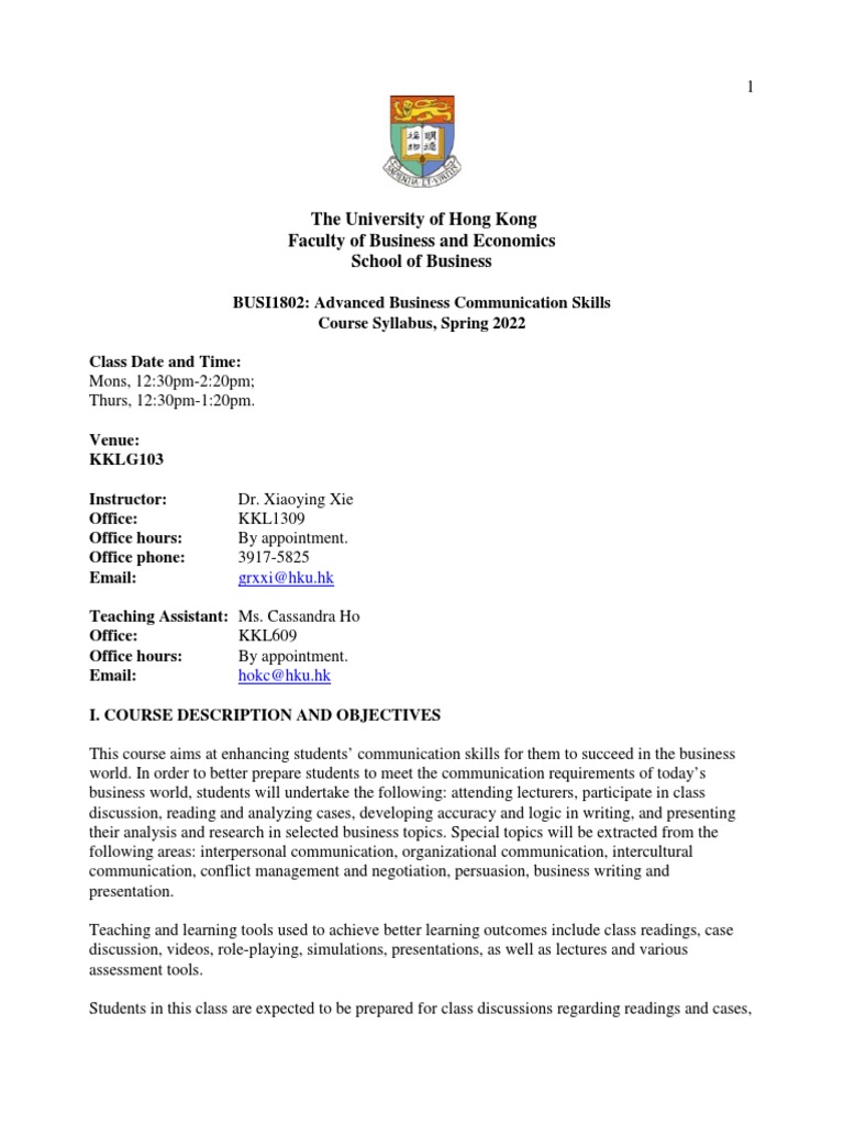 BUSI1802 Syllabus - Spring 2022 | PDF | Communication | Learning