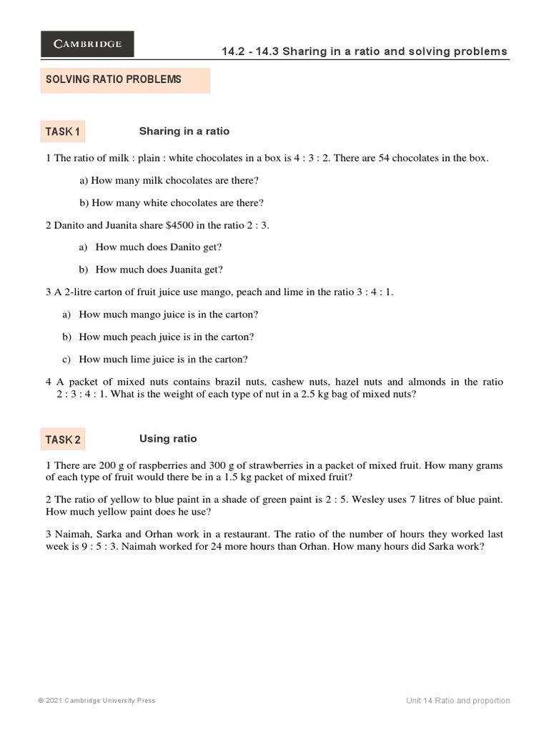 14.2 - 14.3 Sharing in A Ratio and Solving Problems Solving Ratio ...