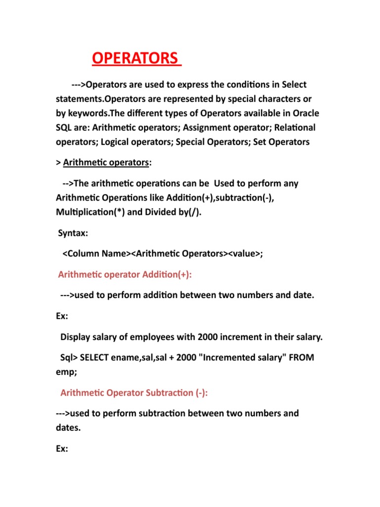 Operators In Oracle Pdf Inequality Mathematics Arithmetic