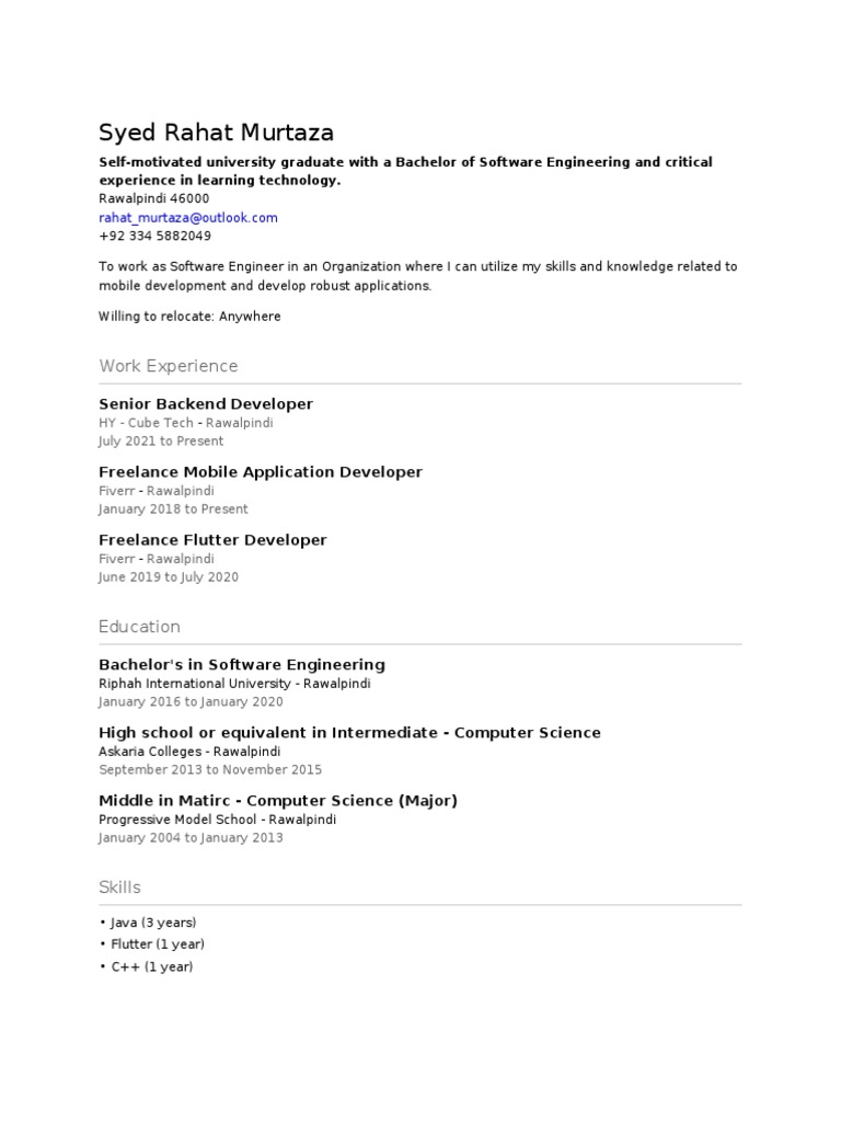 Syed Rahat Murtaza: Work Experience | PDF