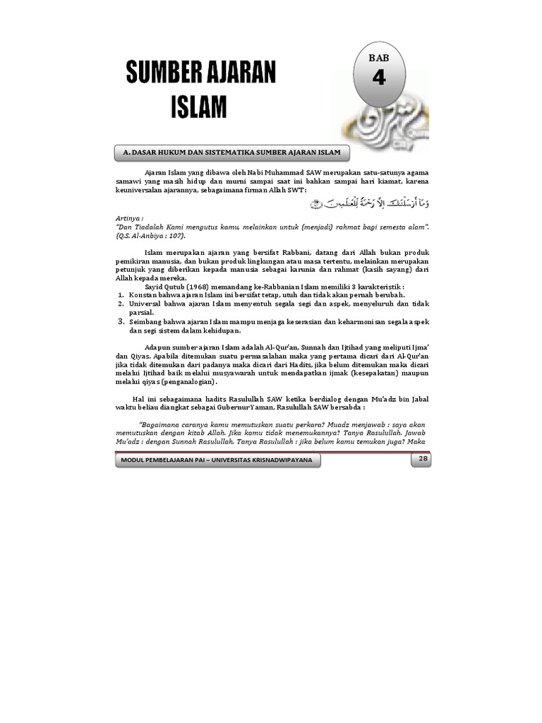 Agama Islam - Bab 4 - Sumber Ajaran Islam | PDF