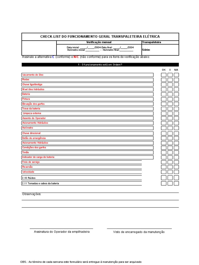 Check-list mensal de inspeção e manutenção de uma transpaleteira ...