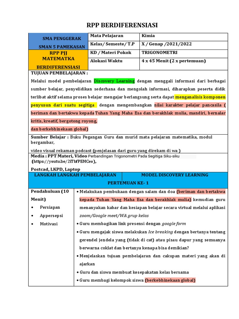 RPP Berdiferensiasi Matematika | PDF