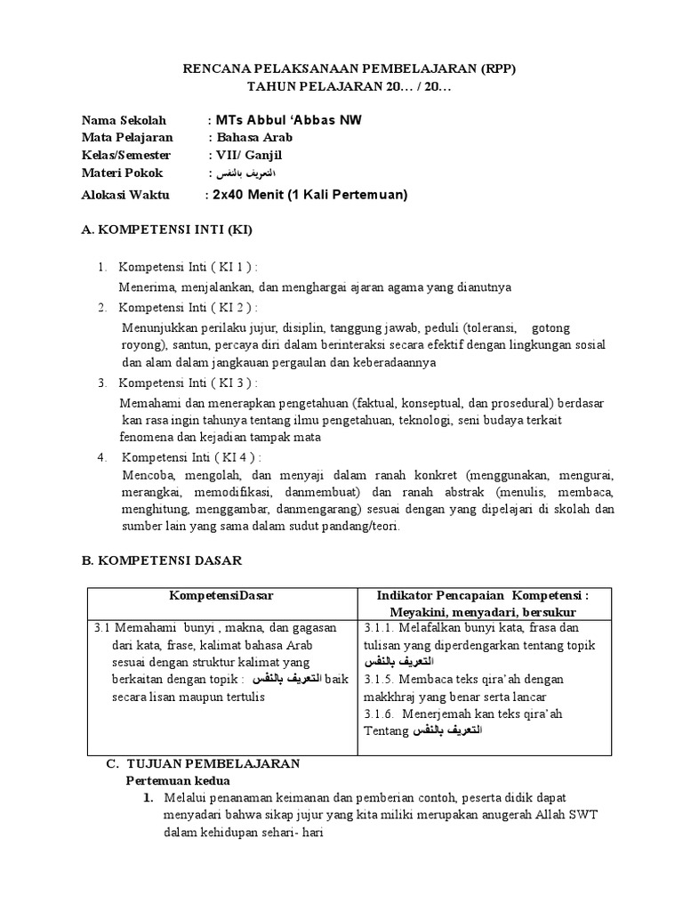 2.) RPP Bahasa Arab Kelas 7 MTs K13 Materi At-Tarif Bin Nafsi | PDF | Karier & Perkembangan