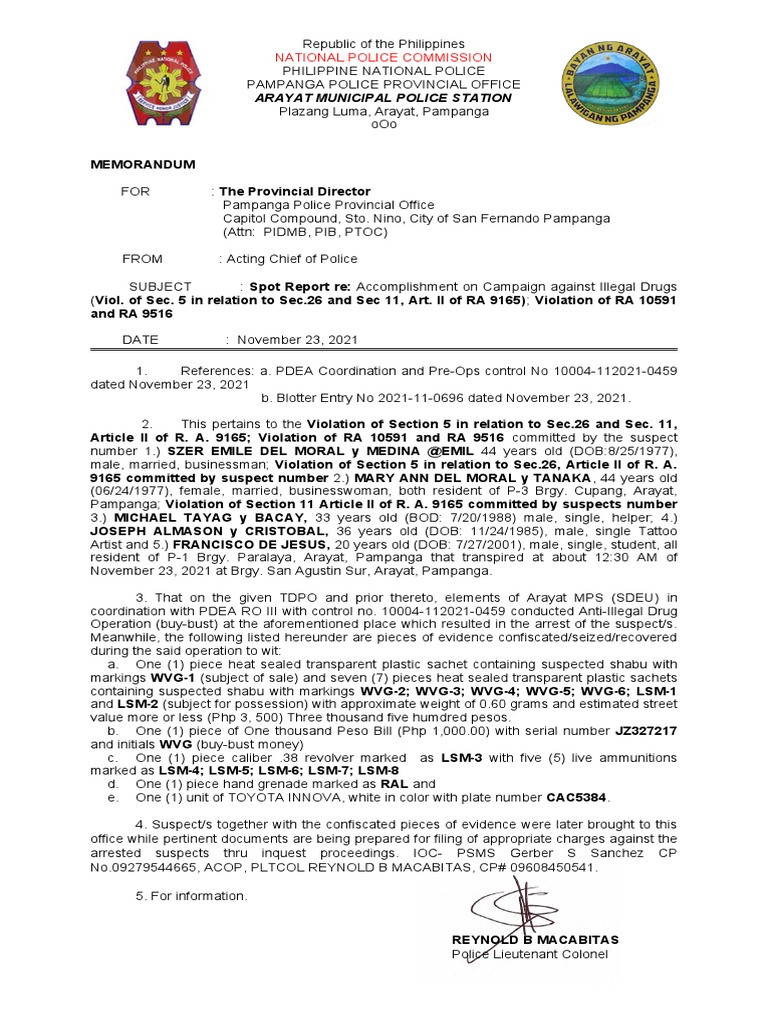 Spot Report Re-Viol. of RA9165 and Viol. of RA 10591 | PDF ...