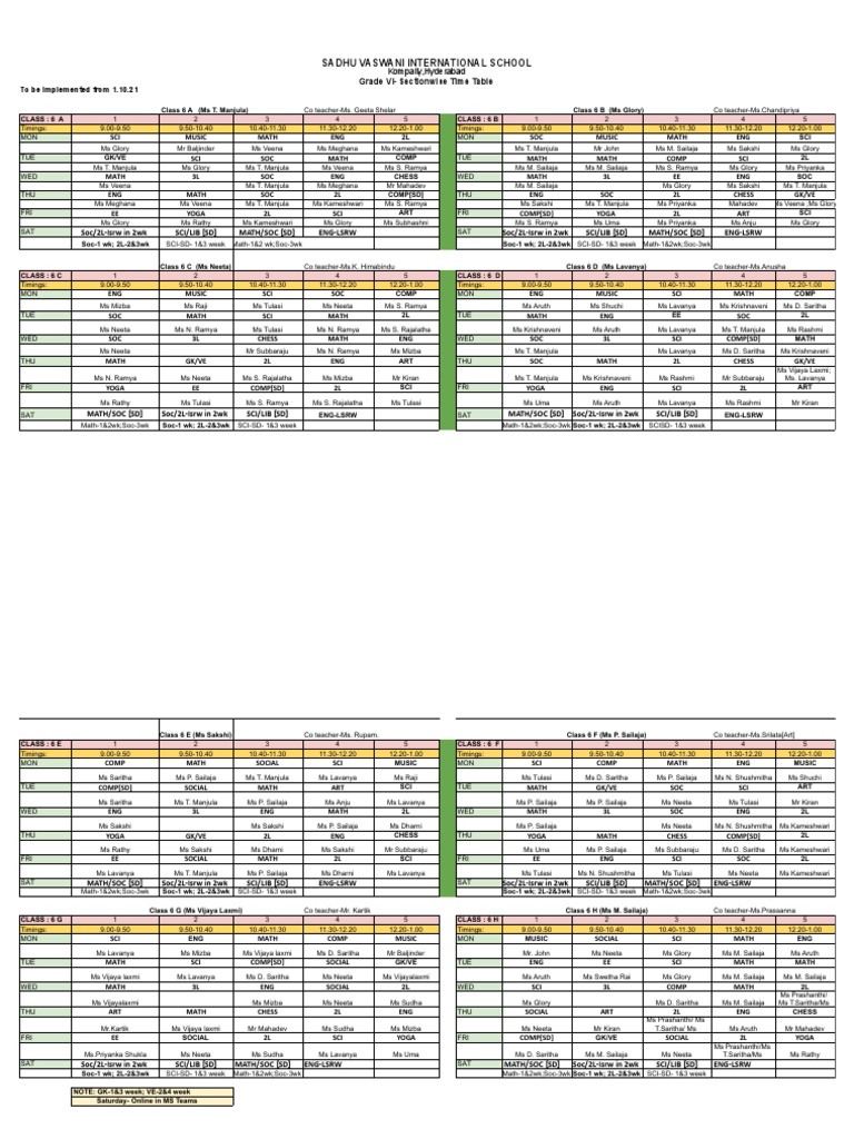 Sadhu Vaswani International School: Grade VI-Sectionwise Time Table | PDF