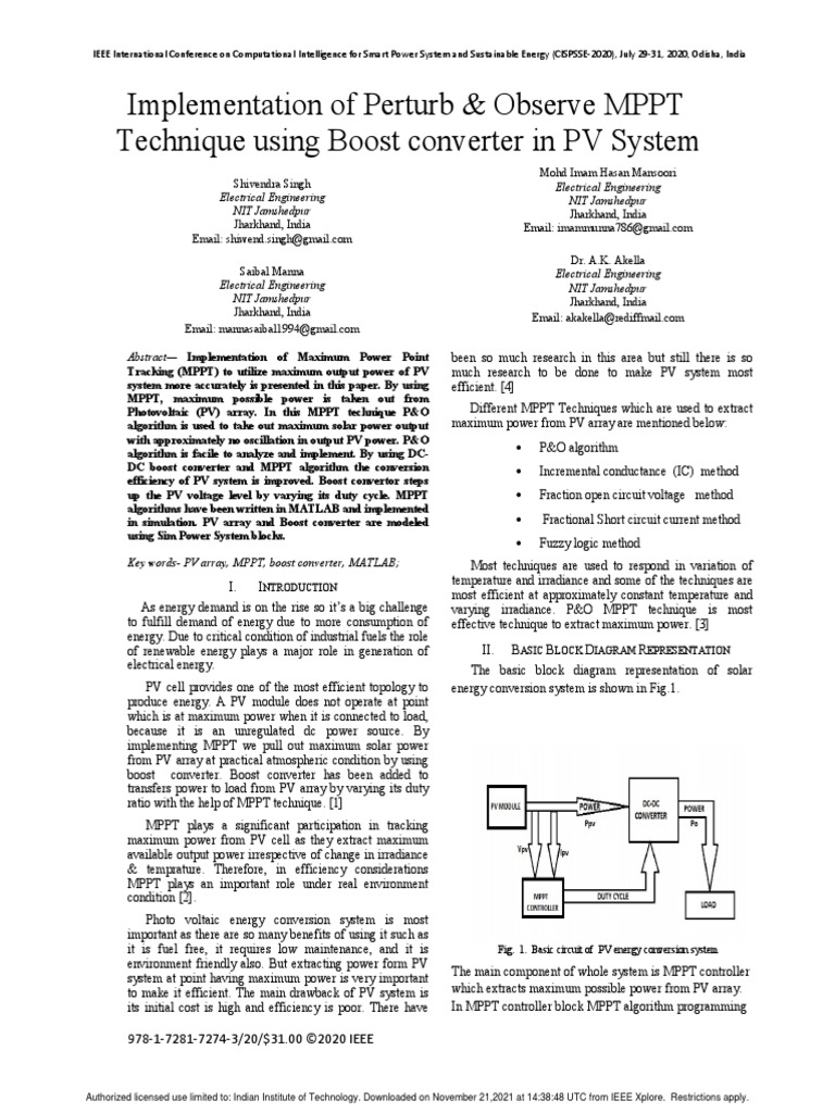 Implementation Of Perturb Amp Observe Mppt Technique Using Boost Converter In Pv System