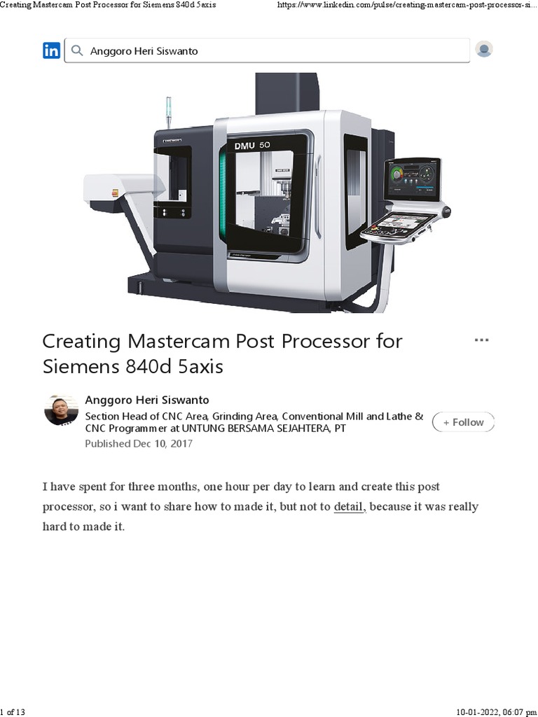 Creating Mastercam Post Processor For Siemens 840d 5axis | PDF ...