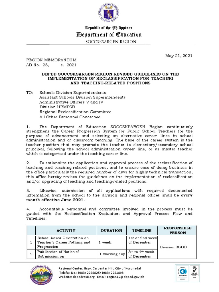 Region Memorandum Ad 25 Deped Soccsksargen Region Revised Guidelines On ...